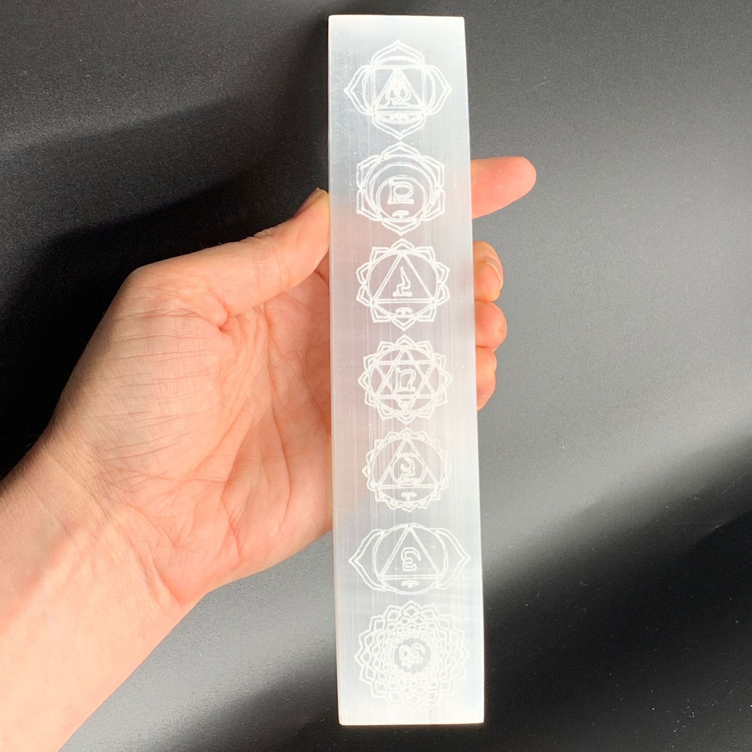 Selenite Lasered Chakra Charger Tray 20 cm • Chalmers Gems