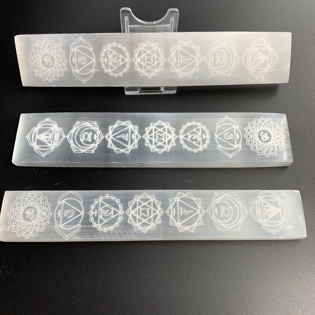 Selenite Lasered Chakra Charger Tray 20 cm • Chalmers Gems